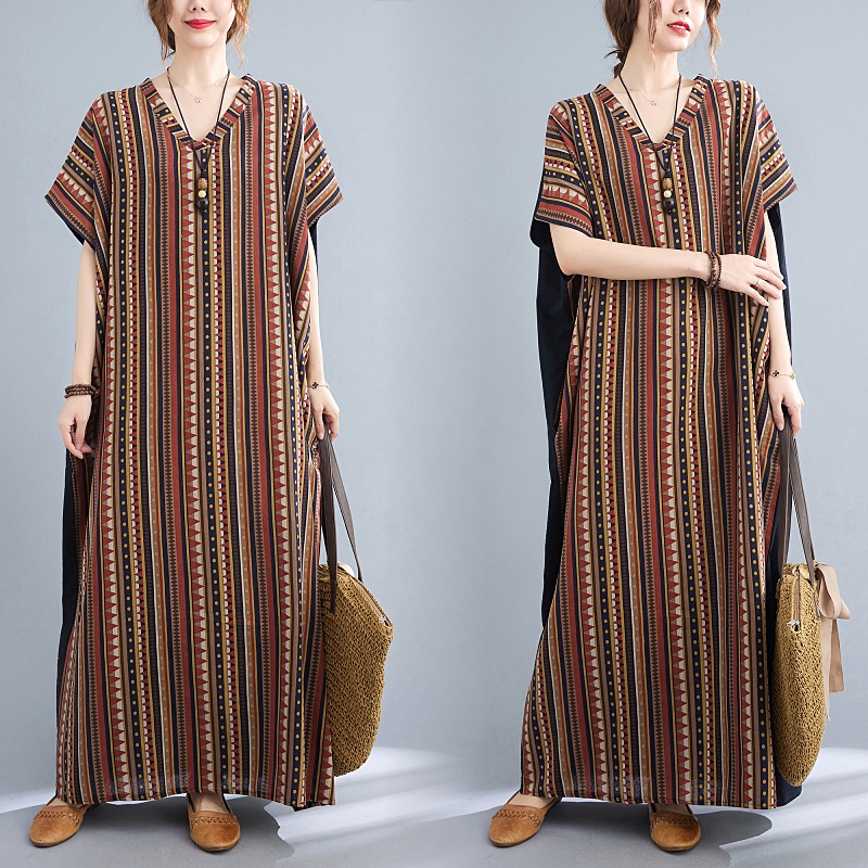Summer Baju Kaftan Batik Striped Dress Oversized Women's Casual V-neck ...