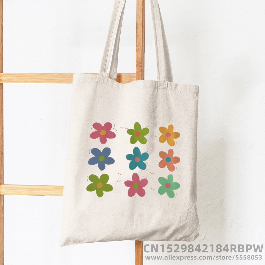 Retro Flower Power Y2K Floral Women Canvas Tote Bag Girl Reusable Shopper Foldable Ecobag ...