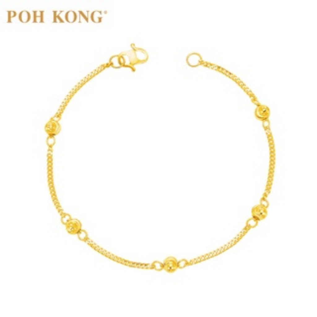POH KONG 916/22K Yellow Gold Machine Carved Single Curb with Gold Beads Bracelet | Shopee Malaysia