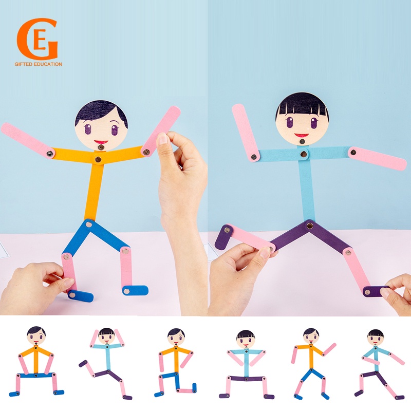 Children Movable Wooden Man Toy Montessori Kids Eye Hand Coordination ...