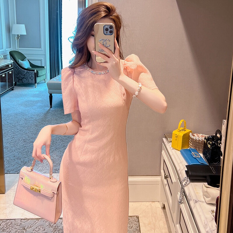 ZY·HT Women's Dresses Pink Dresses Inflatable Sleeves Work Dresses High ...