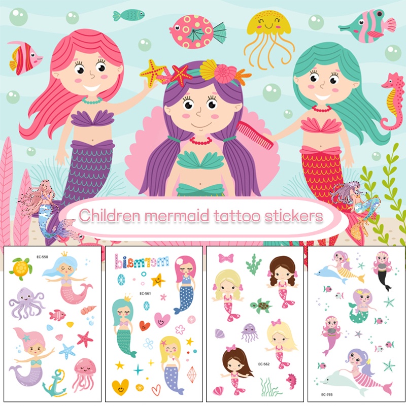 6pcs Mermaid Children Tattoo Stickers Waterproof Cartoon Cute Girl ...