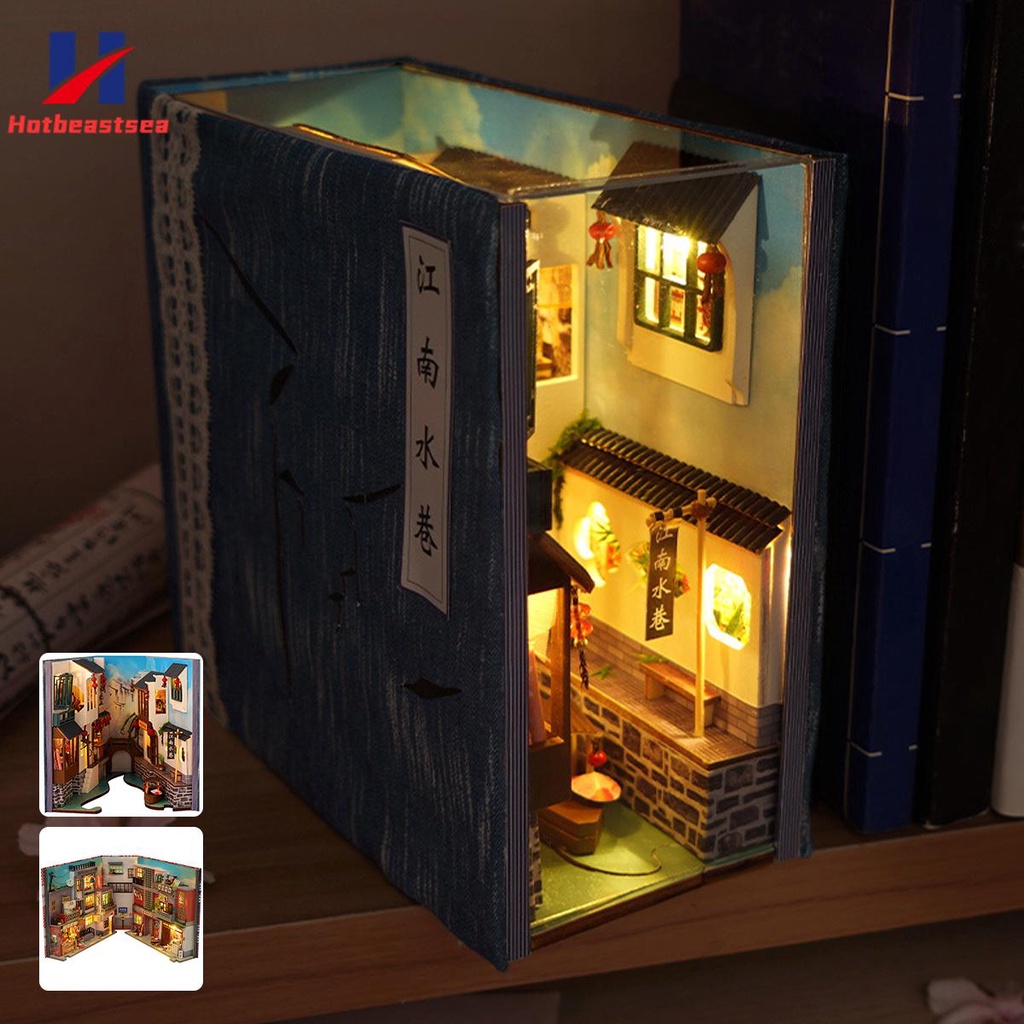 DIY Book Nook Kit 3D Wooden Book Stand Puzzle LED Glowing Book Nook ...