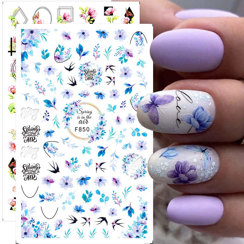 3D Blue Flowers Sticker Nail Decals Florals Leaves Butterfly Stickers ...