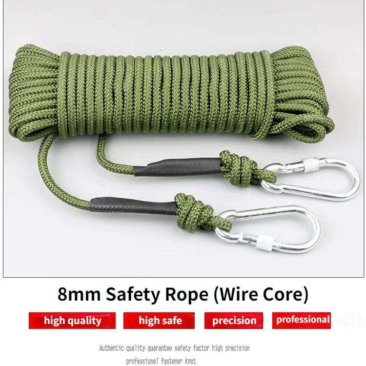 8mm Wire Core Safety Rope with 2 Climbing Buckles Static Utility Rope Climbing/Hiking Rope Tall ...