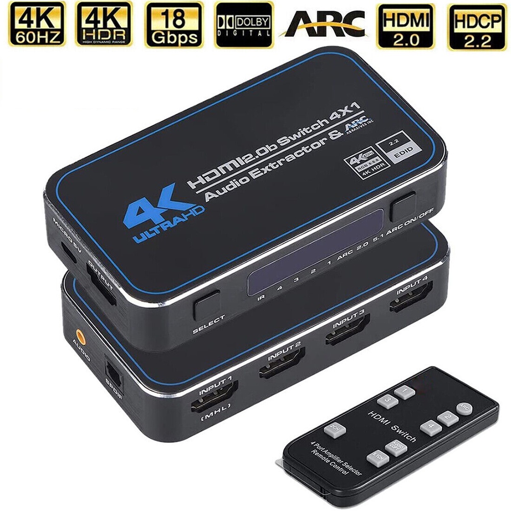 4 Way HDMI Switcher 4X1 4K 60Hz HDR ARC with Toslink Audio Extractor 4 ...