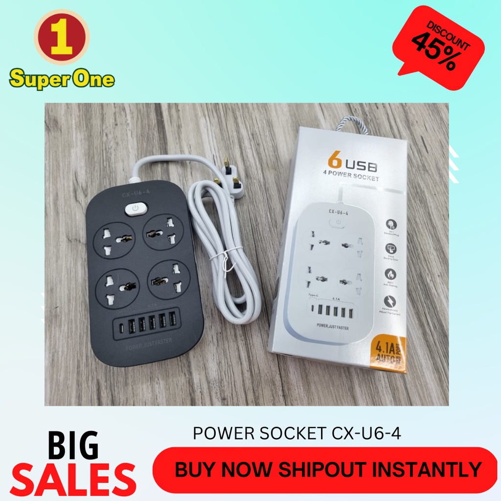 Fast Charge Extension Cable 4 Power Socket with 5 USB Port 1 Type C CX ...