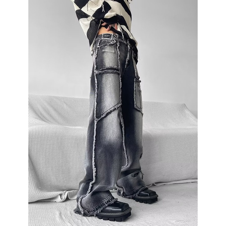 Washed Distressed Frayed Jeans Straight Stitching Floor-Mopping ...