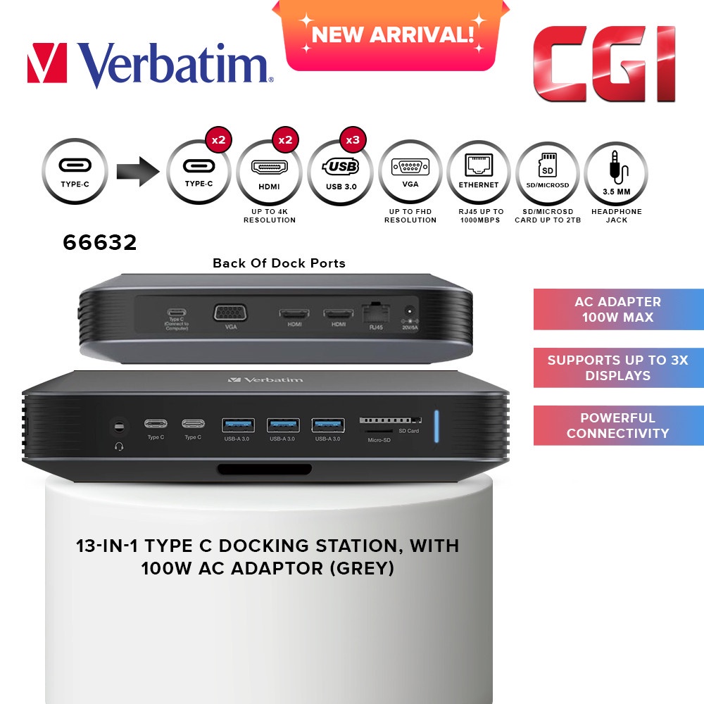 Verbatim 66632 13-in-1 Type C Docking Station with 100W AC Adaptor ...