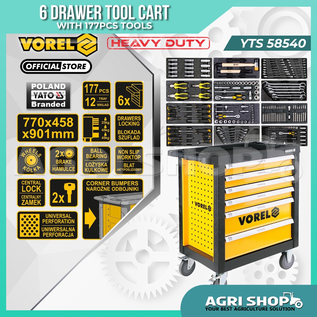 Agrishop VOREL YT 58540 Vorel 6 Drawer Tool Cart ( with 177 PCS Tools ...