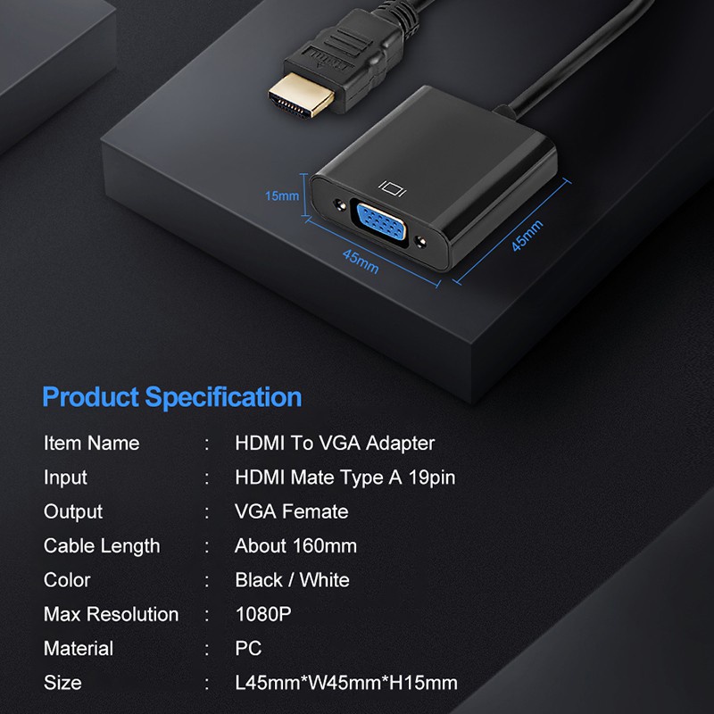 HDM To VGA Converter Video Audio Aux Adapter Male To Female with Power ...