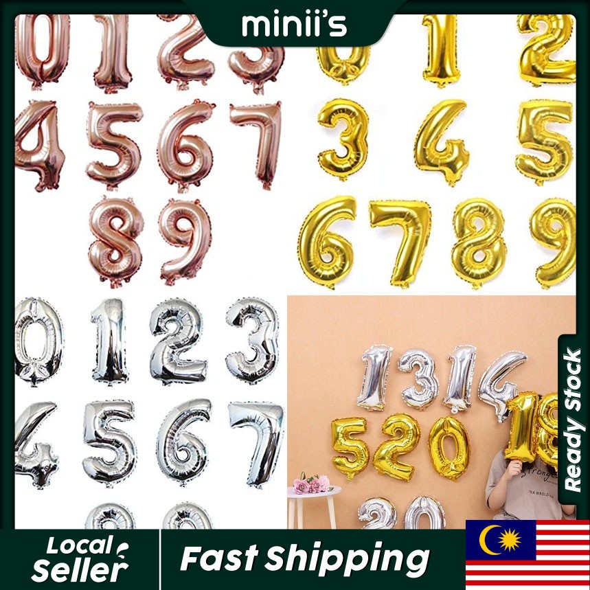 Miniis 16 inch Number 0-9 Balloon Foil Balloons Gold / Silver / Rose ...
