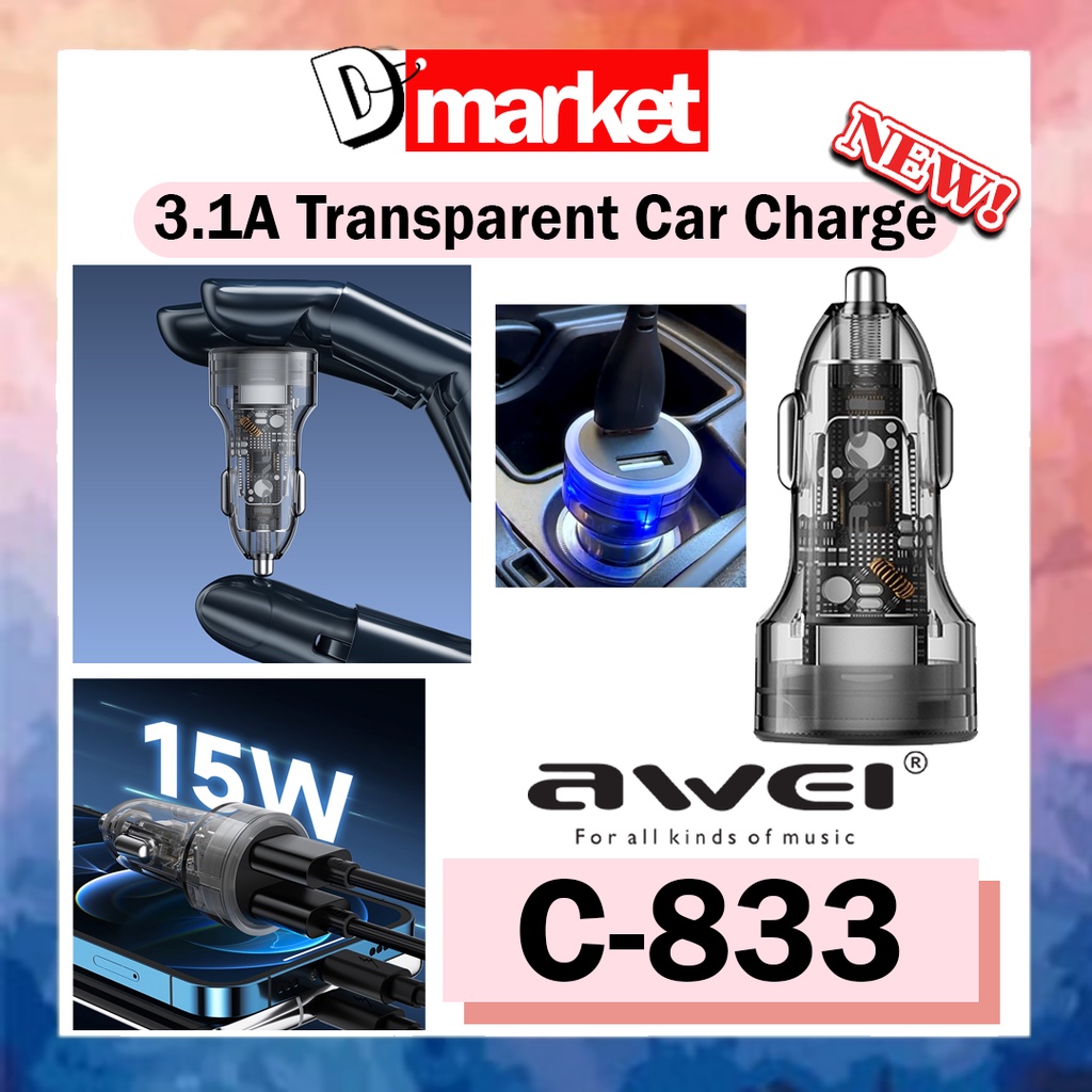 Awei C-833 Transparent Car Charger 3.1A Dual Port Car Charger Awei C833 ...