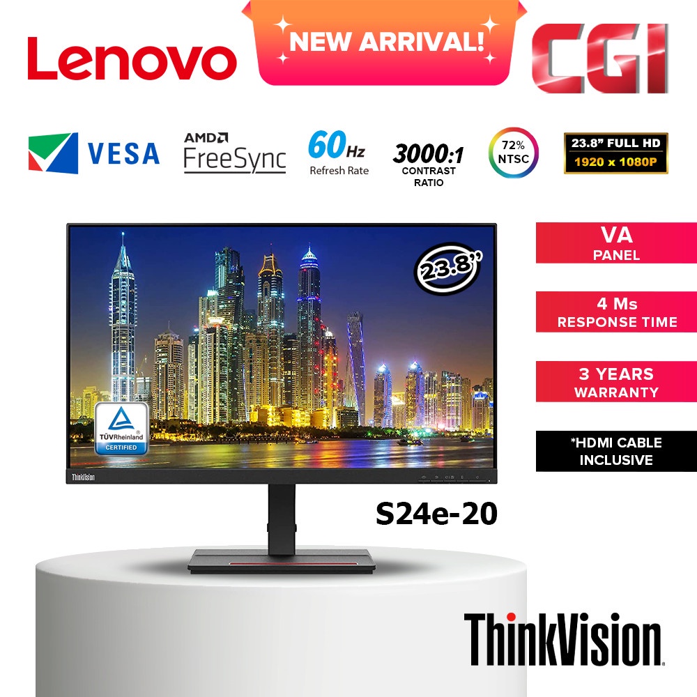 Lenovo 23.8" Thinkvision S24e-20 VA FHD 60Hz 4ms Eye Caring ...