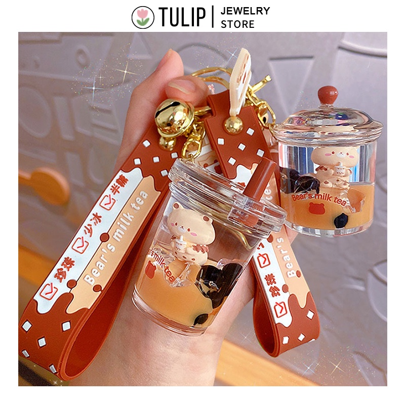 Bubble Tea Cup Pendant Cute Bear Keychain Oil Floating Drift Bottle Key ...