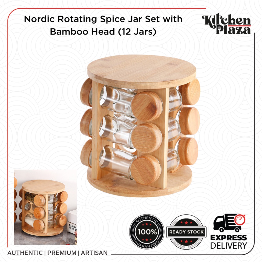 Nordic Rotating Spice Jar Set with Bamboo Head (12 Jars) Herbs and ...