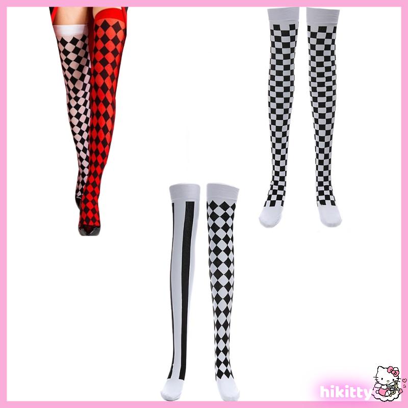 HIK Clown Costume Black White Plaid Knee-High Long Socks Halloween ...