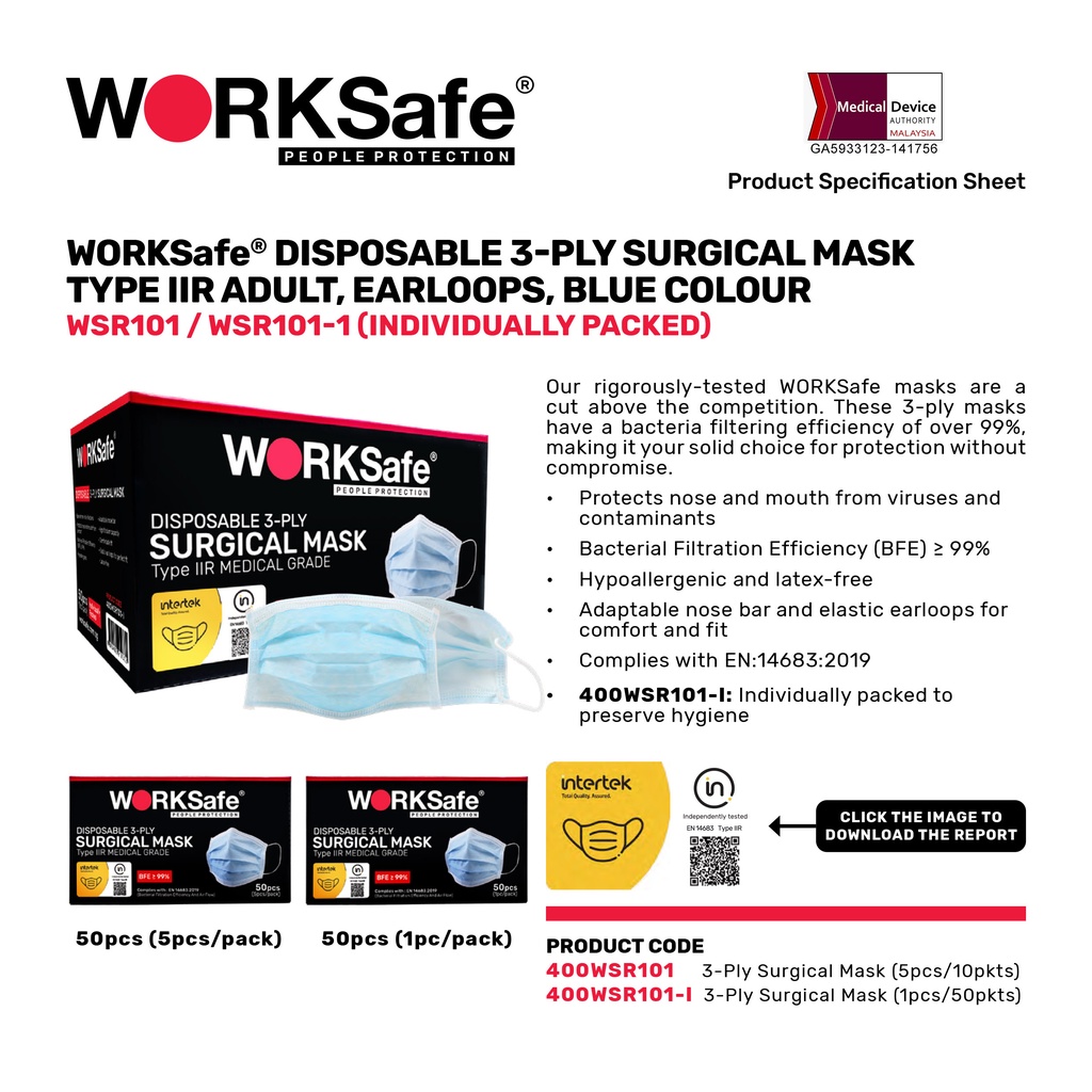 WORKSAFE DISPOSABLE 3-PLY SURGICAL MASK, TYPE IIR, ADULT, EARLOOPS ...