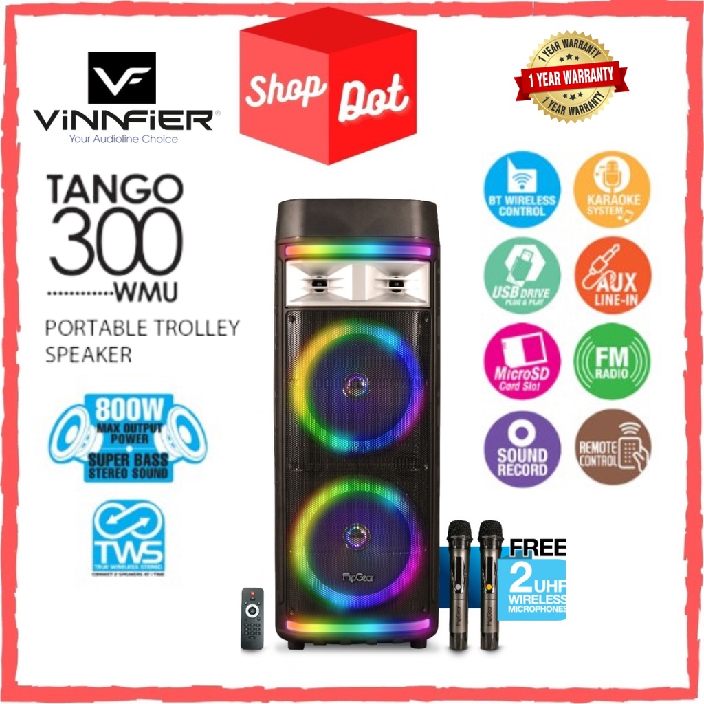 Vinnfier VF Tango 300 WMU 2021 TWS Portable Trolley Speaker With 2 UHF Wireless Mic Bluetooth ...