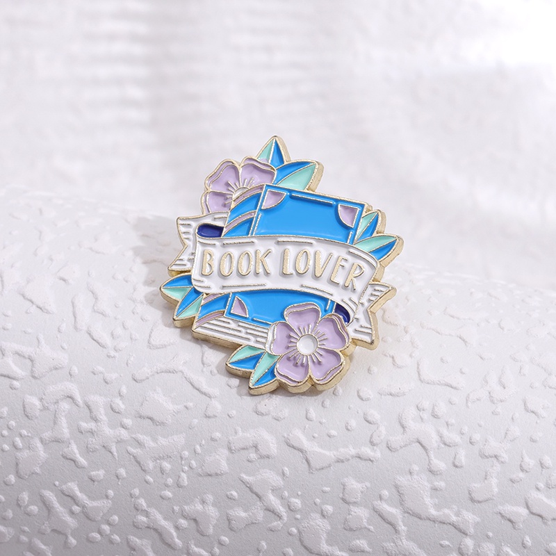 Creative Book Lover Enamel Lapel Pin Cute Blue Book Flower Metal Brooch ...