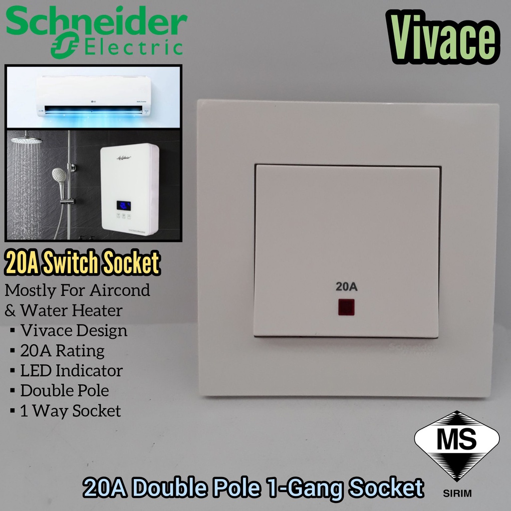 Schneider Vivace Double Pole 20A Switch 1 Gang Socket For House Home ...