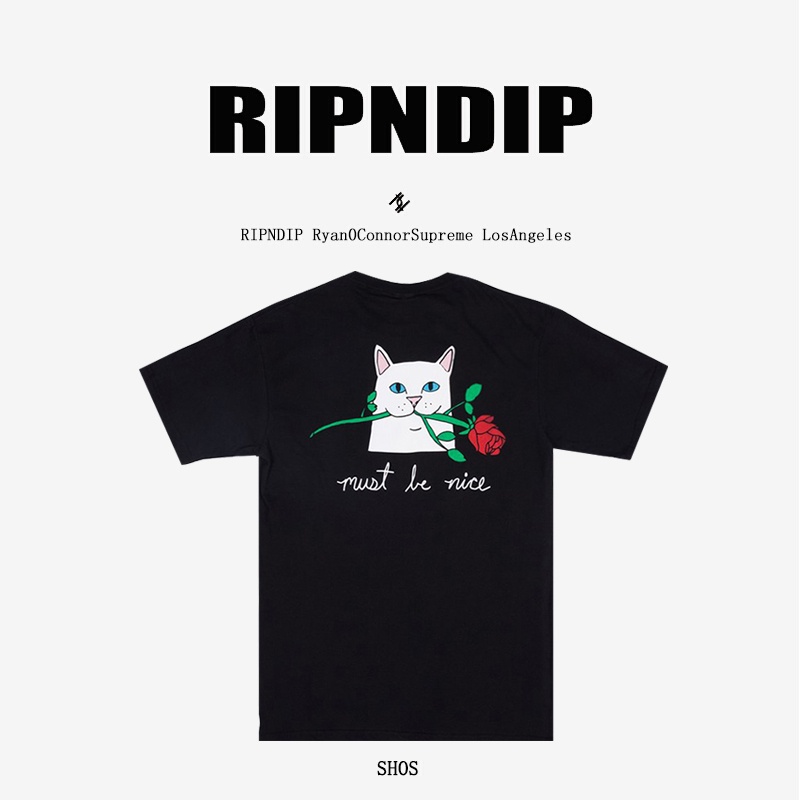 Ripndip base cat middle finger cat short sleeve T-shirt Romantic bite roses male and female ...