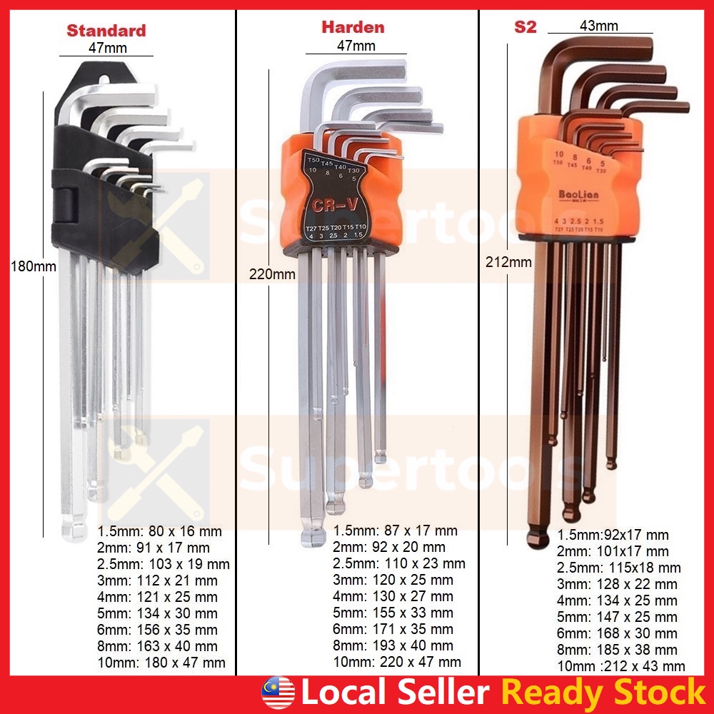 9 pcs Allen Key Wrench Set Ball Point Flat Head Hex Torx Star Extra ...