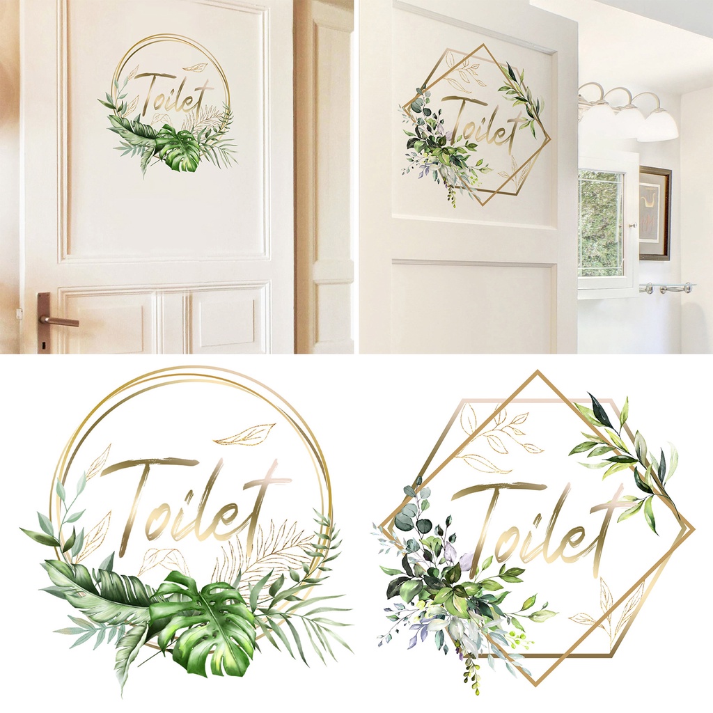HLAg_ Green Plant Toilet Door Sticker Golden Letter Removable Self ...