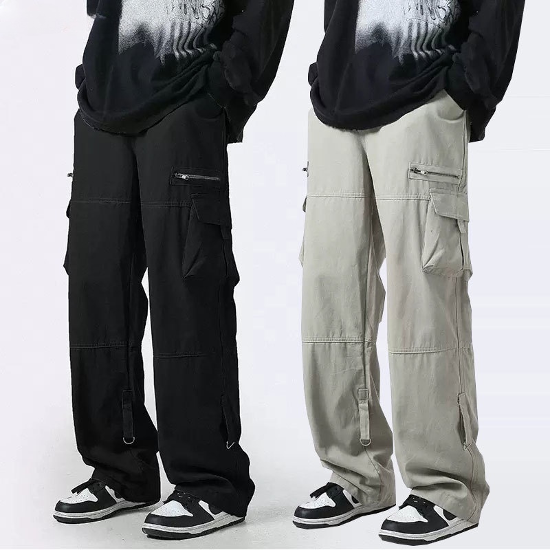 【Cotton】Black Casual Straight Cut Kargo Cargo Pants Men Tactical Work 6 ...
