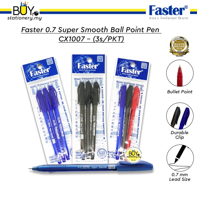 Faster Pen CX1007 Ball Pen Super Smooth Black Blue Red 0.7mm -(3s/PKT ...