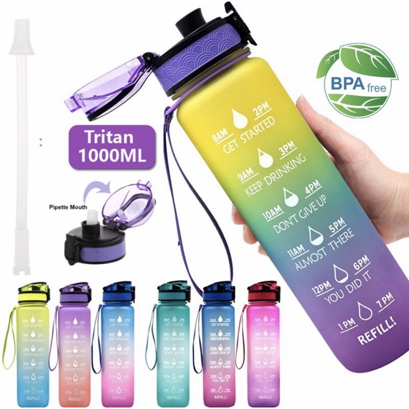 Ocean_Large Water Bottle 1000ml with Straw Time Marker Tritan BPA Free ...