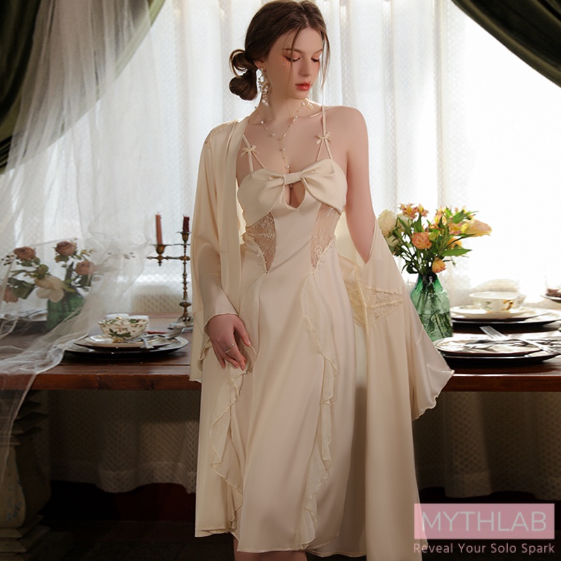 New Style Ice Silk Long Sling Nightdress Lace Satin Comfortable Pajamas Robe Sweet Homewear Set ...
