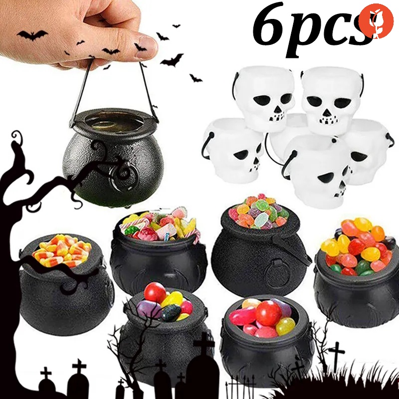 6Pcs Mini Halloween Candy Bucket Pot with Handle/Witch Skeleton ...