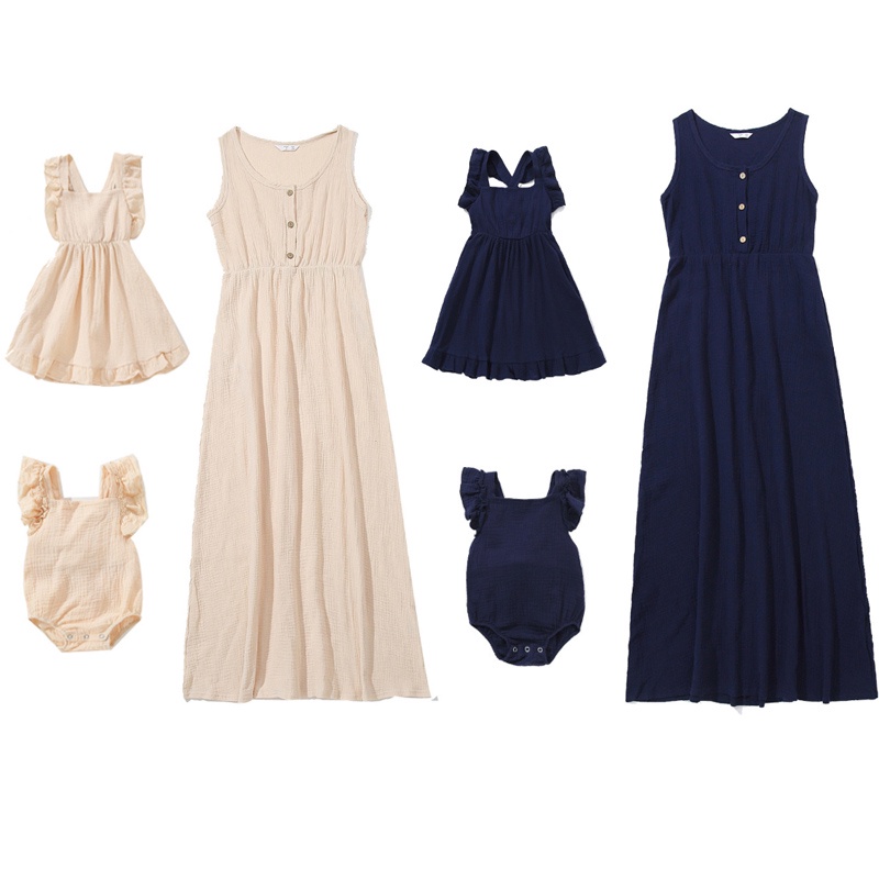 Family Wear Solid Color Dress Mother Daughter Ruffled Dress Baby Romper ...