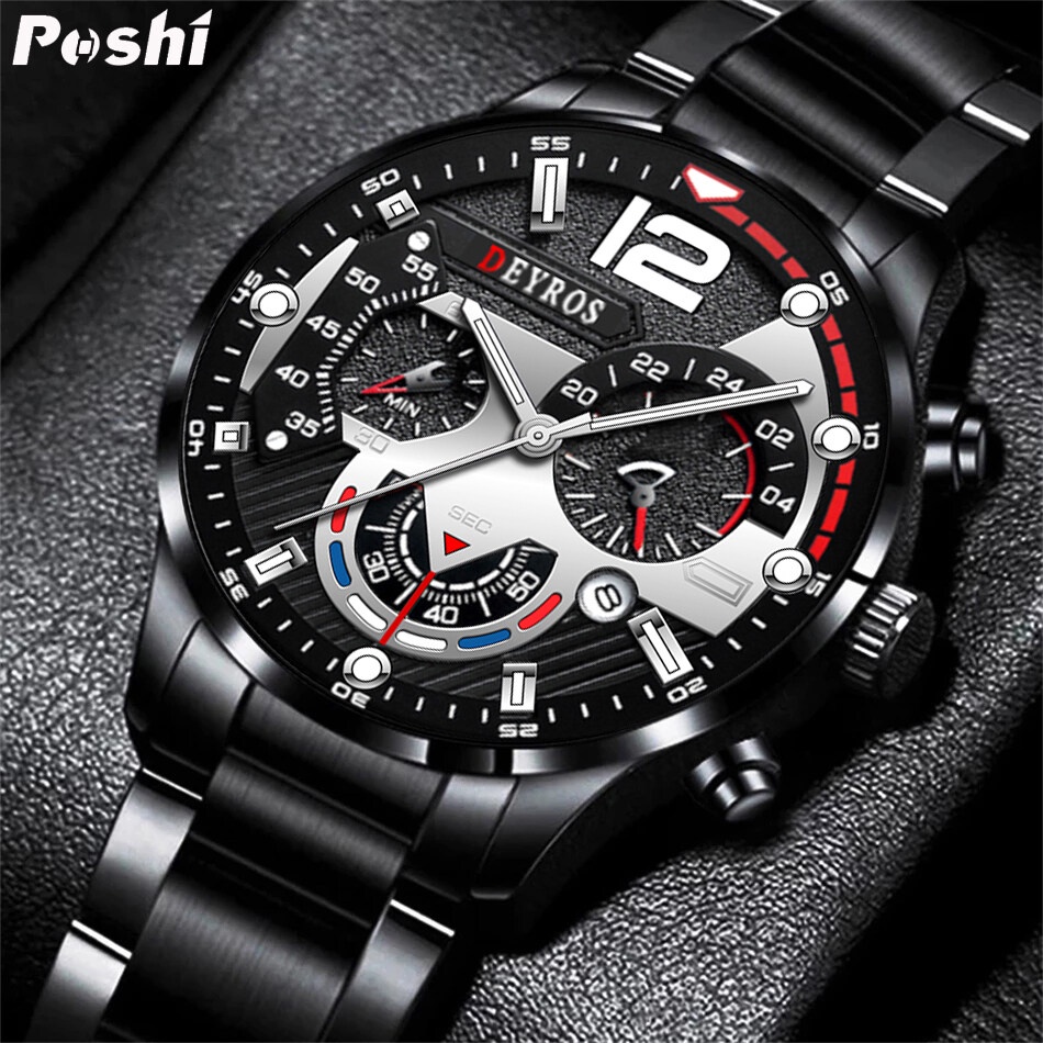 POSHI Top Men's Brand Luxury Watches Men Black Stainless Steel Quartz ...