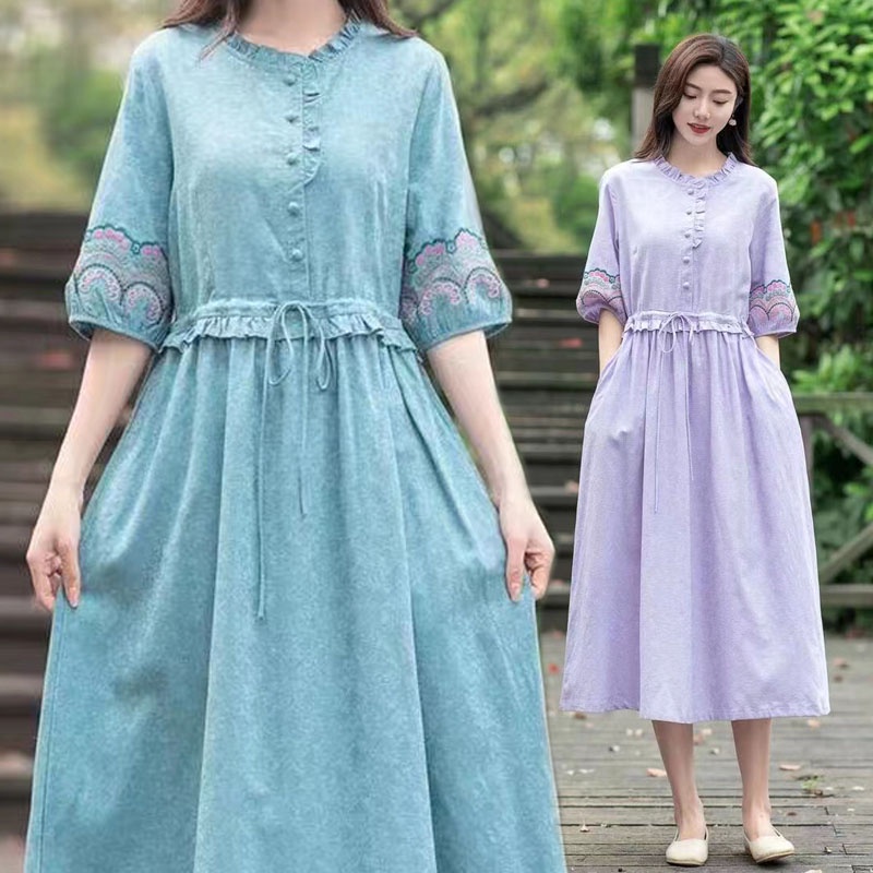 Ready Straw dress Women Cotton Linen Fungus Collar Half Sleeve Jacquard ...