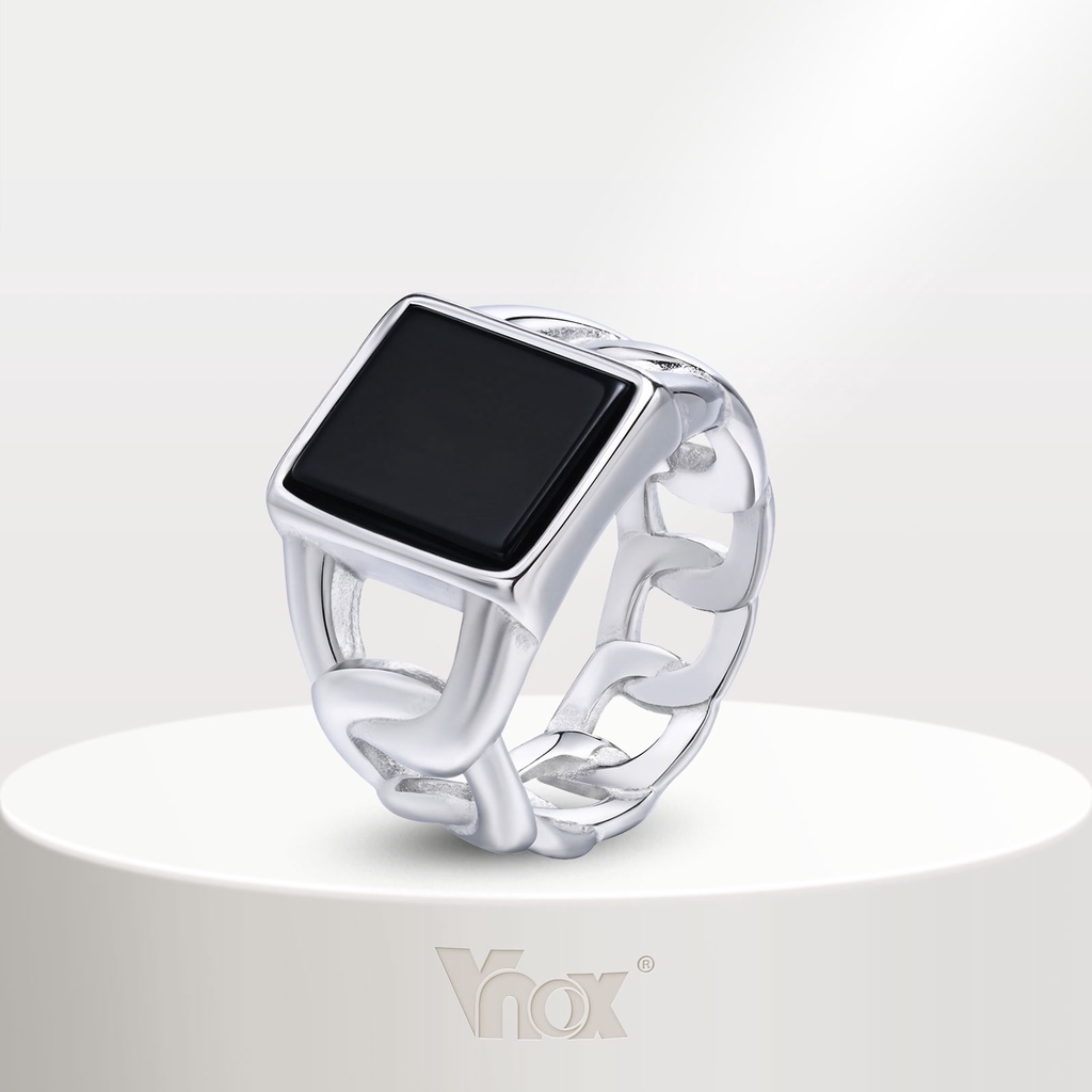 Vnox Fashion Men's Ring, Stainless Steel Cuban Chain Finger Set, Black Geometric Square Glass ...