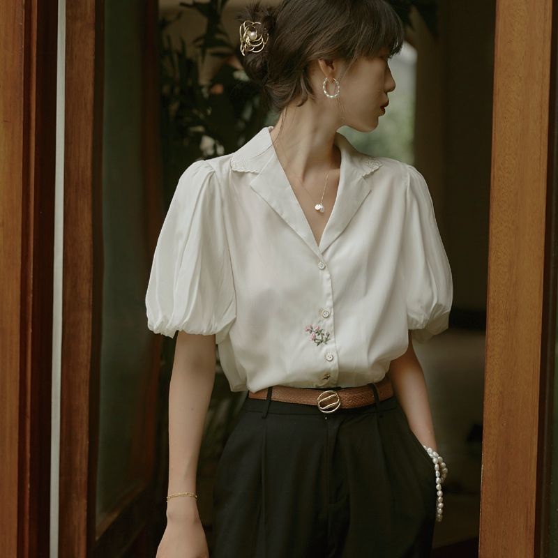 [Ready Stock] French Niche Chic Top Embroidered Bud Shirt Summer New ...