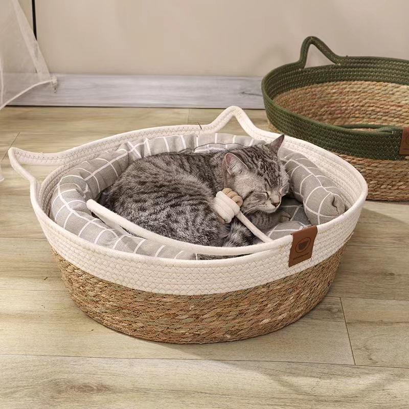 Cat Rattan Bed basket house Pet Sleeping Bed Washable Removable Kitten ...