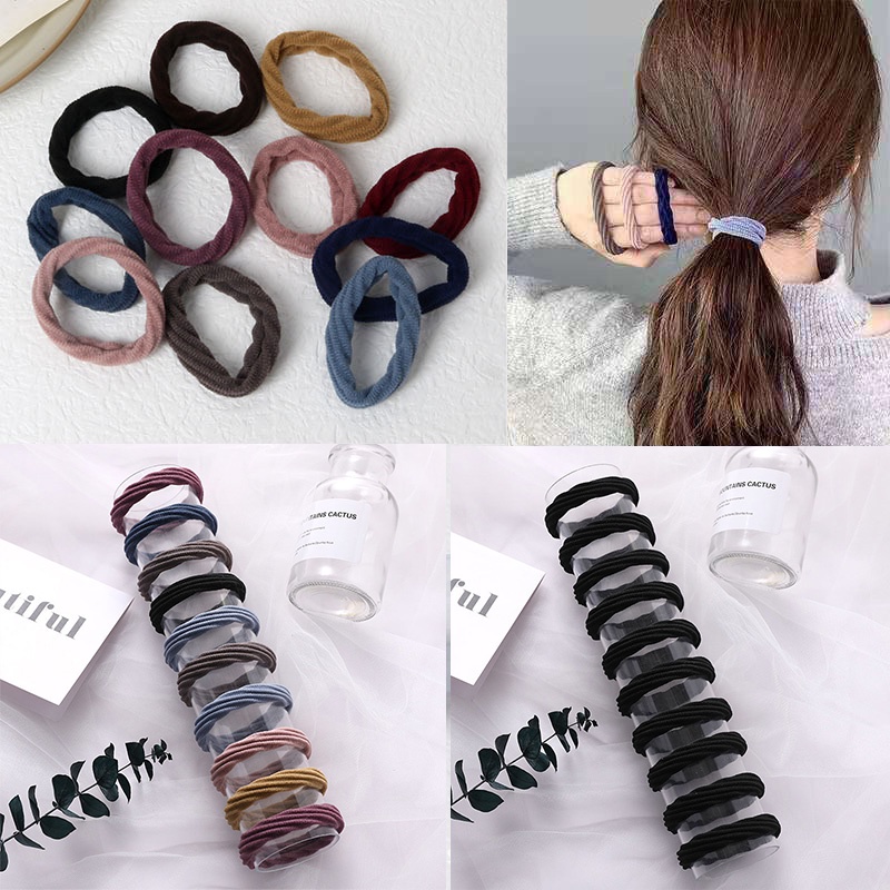 10Pcs /Set Solid Colored Women's Hair Rope Simple Striped Elastic Girl ...
