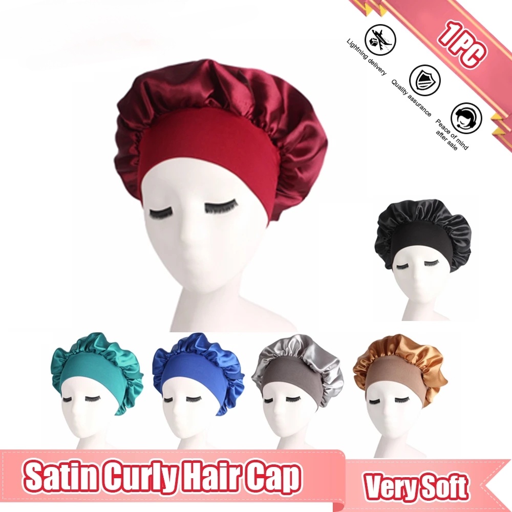 Women Soft Solid Wide-Brimmed Silk Sleep Cap Long Satin Bonnet with ...