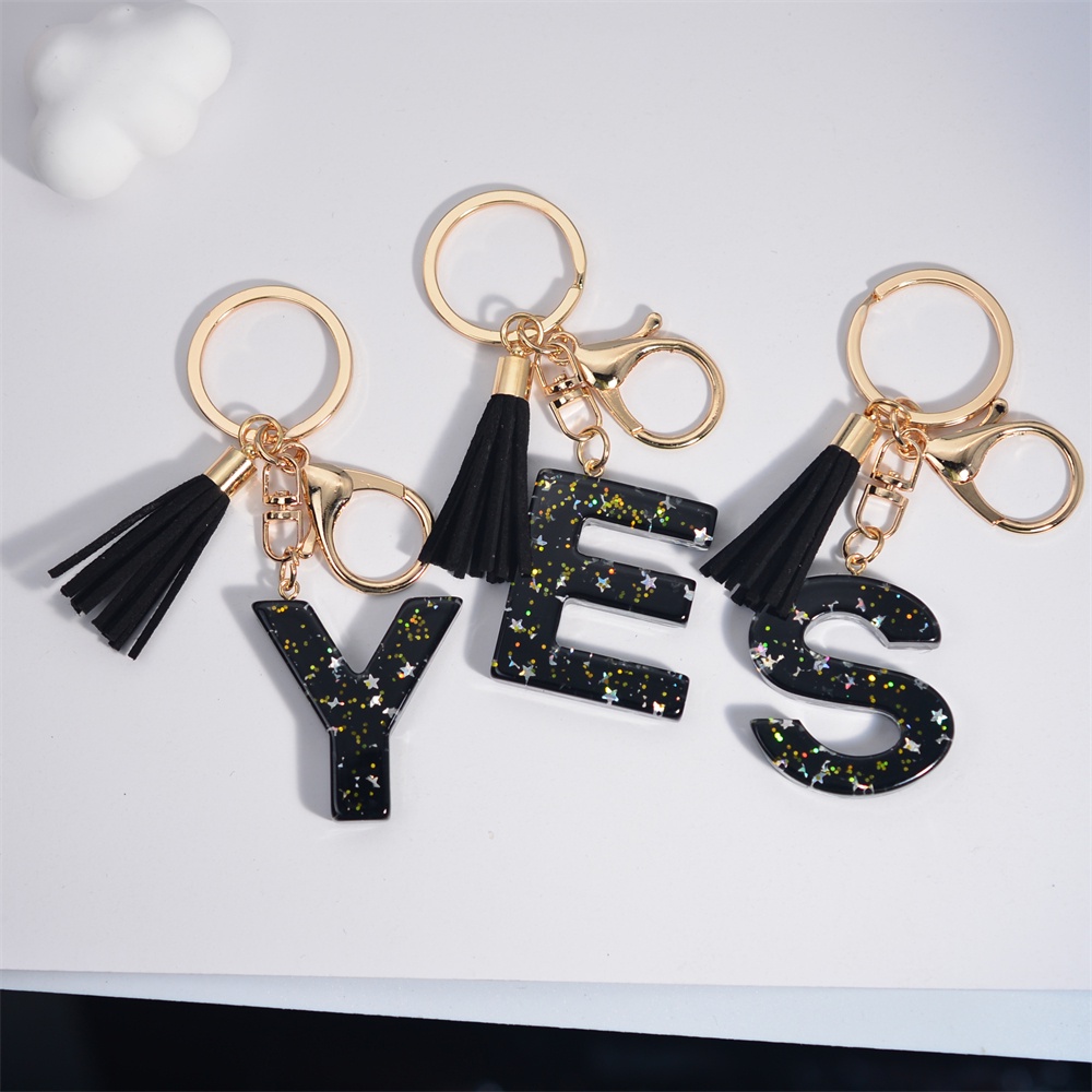 Classic Black Tassel 26Letters Keychain Multi-Colored Glitter Star ...