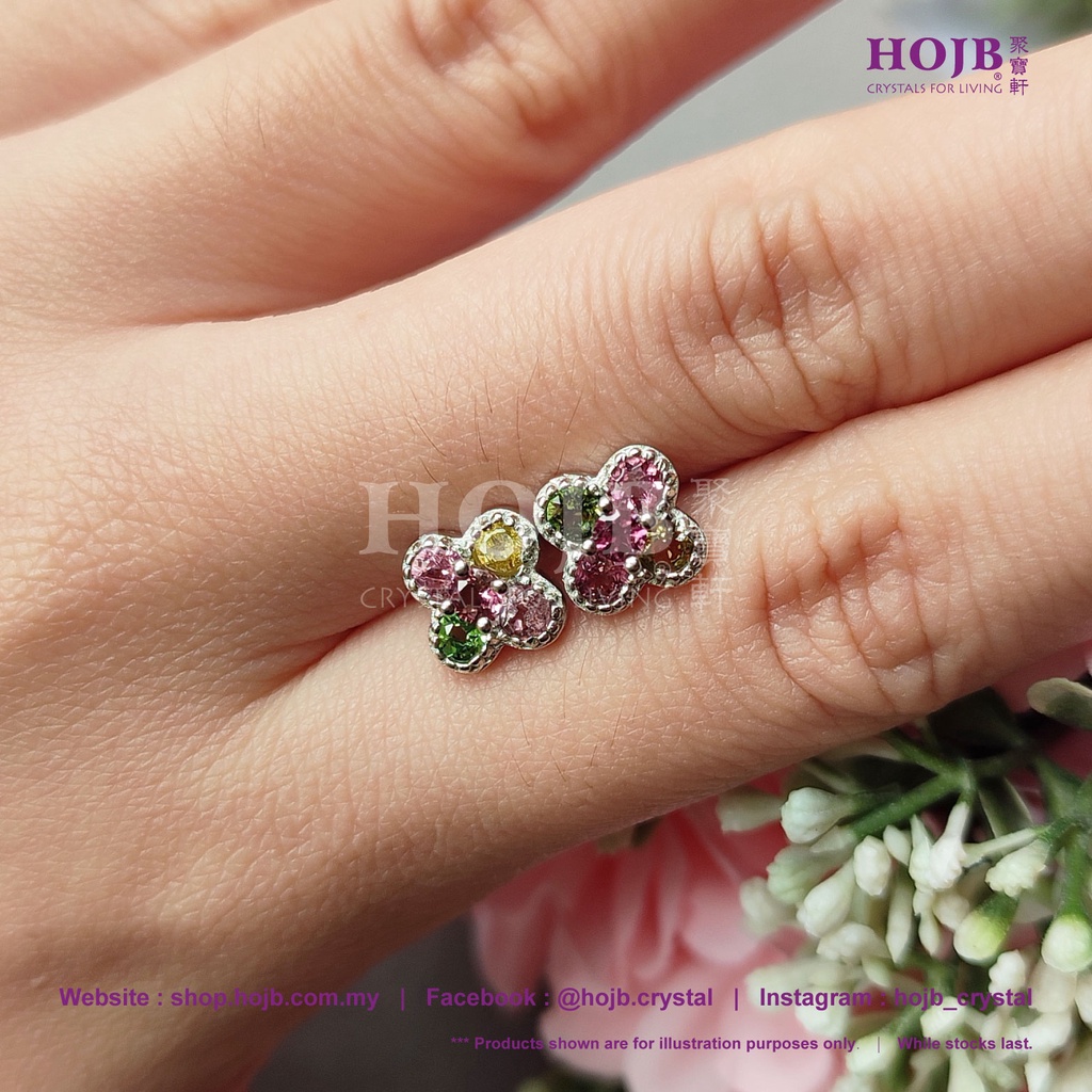 HOJB Brazilian Multi-Color Tourmaline 6A Clover S925 Earring 8mm 聚寶軒巴西多色碧玺(电气石)四叶草S925银耳环8mm ...