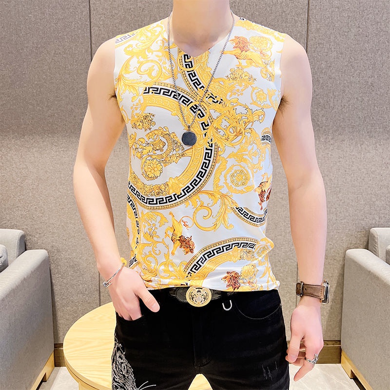 Printed Ice Silk Men's Vest Hong Kong Style Youth Fashion Trends Slim ...