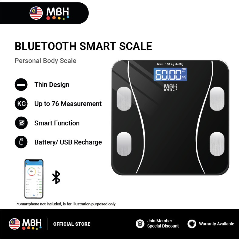 MBH Digital Bluetooth Smart Rechargeable Body Scale, Smart Body Fat ...