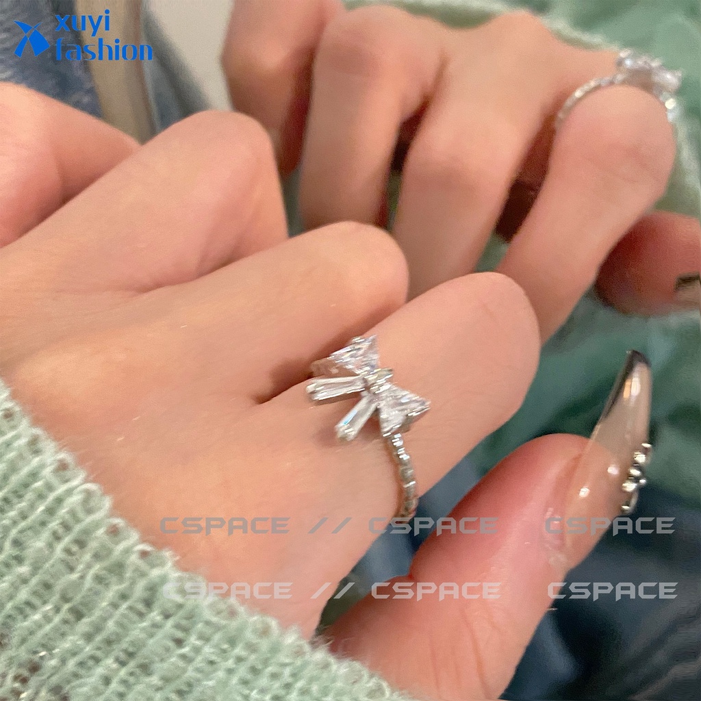 Zircon Bow Ring Elegant Silver Adjustable Opening Rings for Women ...