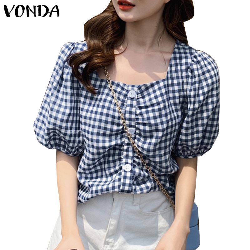 Vonda Women Korean Casual Square Neck Short Sleeve Puff Sleeve Blouse