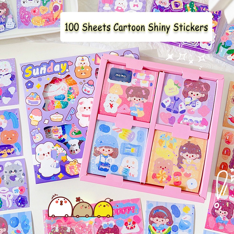 100 Sheets Boxed Cartoon Laser Glitter Stickers Student Guka Card Deco ...