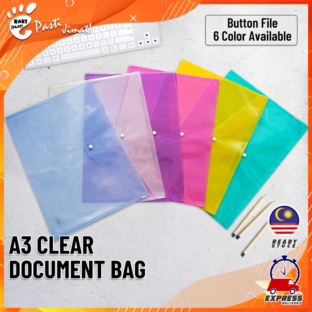 Kaki Jimat A3 Clear Document Bag Button File Folder Stationery School ...