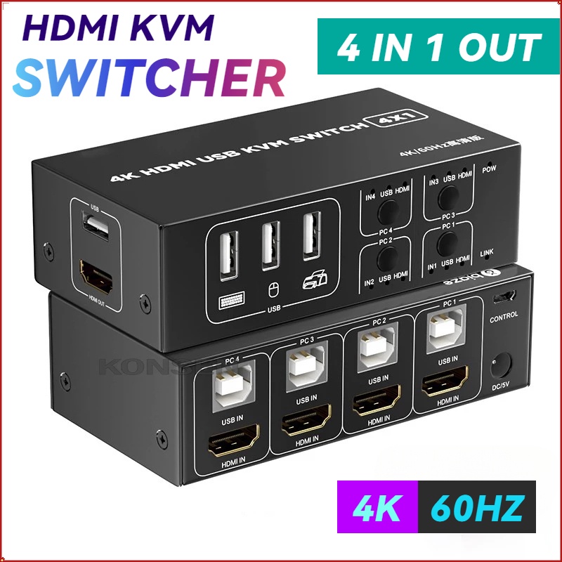 4K 60Hz HDMI KVM switch Box HDMI USB KVM Switch 4 in 1 out 4x1 with Desktop controller Support 4 ...